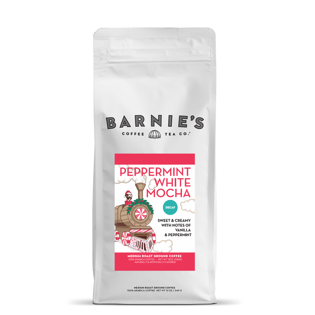 Peppermint White Mocha Flavored Coffee, DECAF | 12oz Ground - Barnie's ...